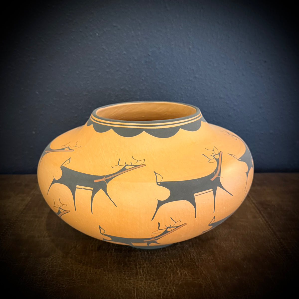 Black on Redware Deer Zuni Pot, by Anderson Peynetsa– Raven Makes Gallery