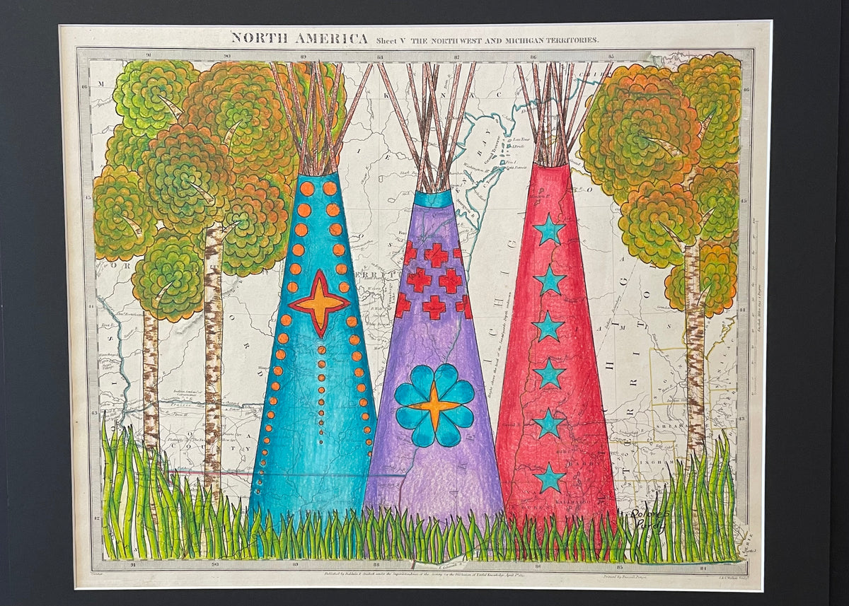 Ledger Map Art, by Dolores Purdy at Raven Makes Gallery