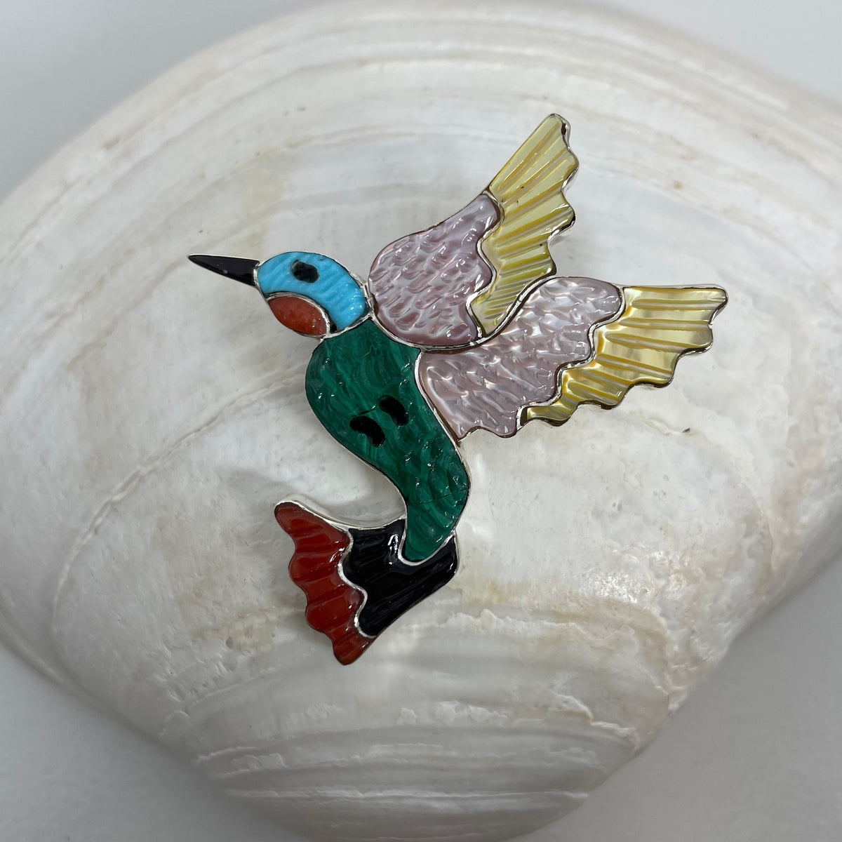 Zuni Inlay Hummingbird Pendant, by Tamara Pinto– Raven Makes Gallery