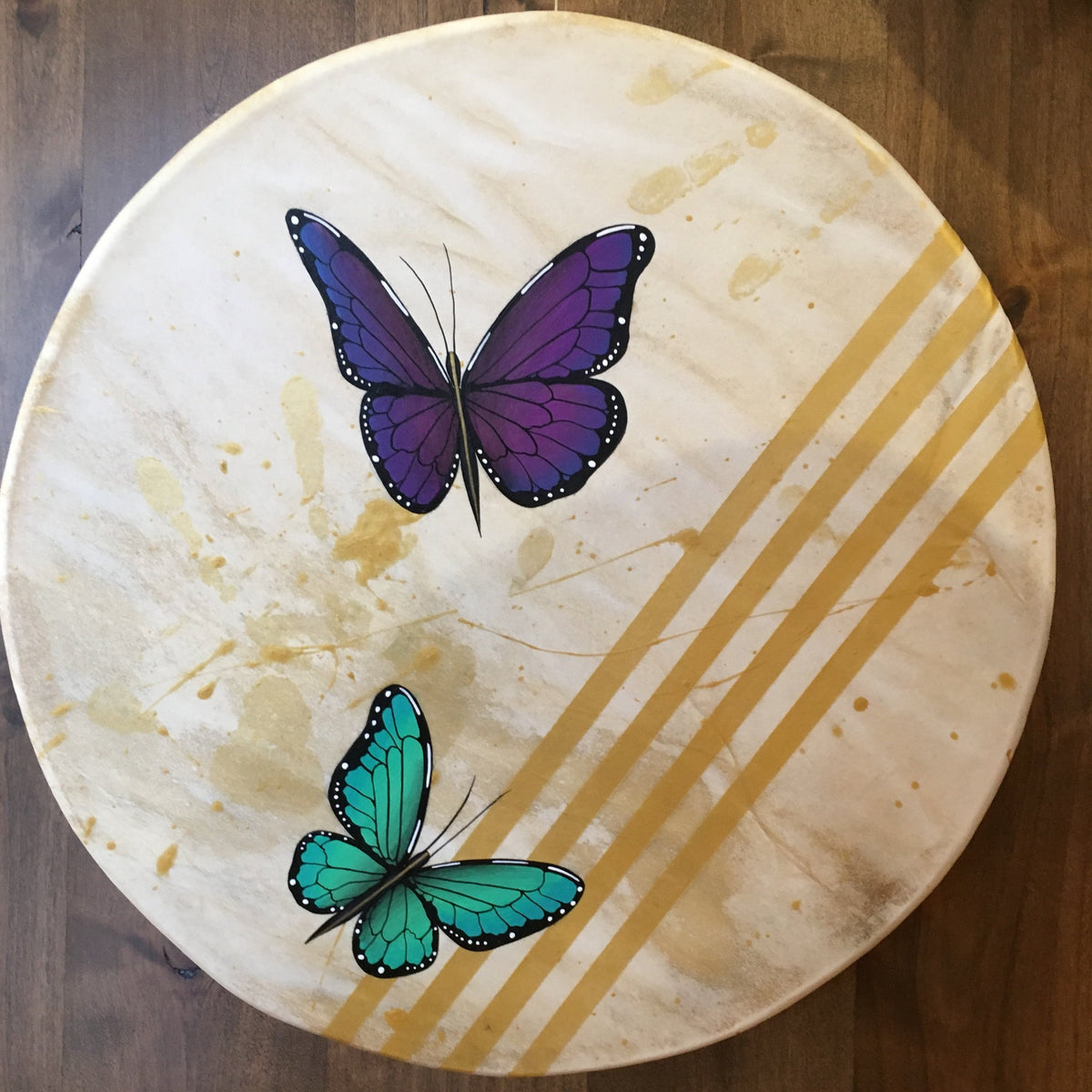 Zuni Butterflies Deerhide Drum, by Elroy Natachu, Jr.– Raven Makes Gallery